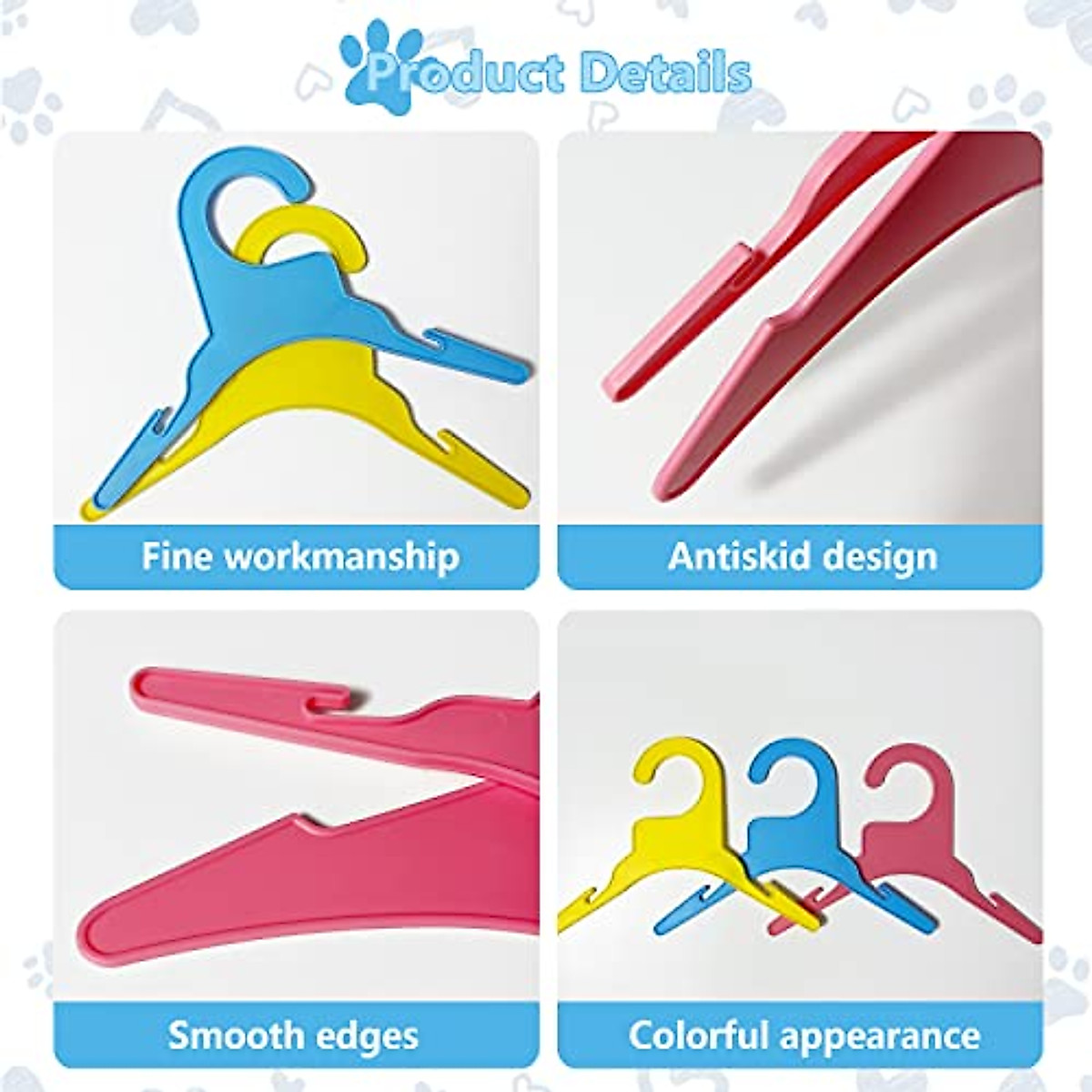 GKPONSX 12Pack Dog Clothes Hangers, 2 Size Plastic Pet Apparel Hanger Small Baby Hangers for Nursery Small Dog Puppy Cats Kitten Clothing Closet (Pink, Blue, Yellow)