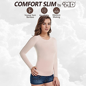 +MD Womens Long Sleeve Undershirts Tops, Round Neck Slim Fit Baselayer, Soft Thermal Underwear, Light Compression Shirt Underscrubs Nude Large