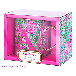 Lilly Pulitzer Initial Ceramic Coffee Mug, 14 Oz Tea Cup, Cute Mug with Gold Handle and Gift Box, K (Coming In Hot)