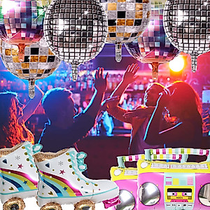 Timisea 10 PCS Rainbow Roller Skate Balloons Boom Box Balloon,22 Inch Round Color Foil Balloons, 4D Laser Disco Foil Balloons 80s 90s Retro Theme Hip Hop Disco Fever Birthday Party Balloon Decor