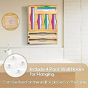 Seebroad Bamboo Wrap Dispenser with Cutter and Ziplock Bag Organizer for Kitchen Drawer, 7 Slots, Compatible with Variety Size Bags (2 Boxes)