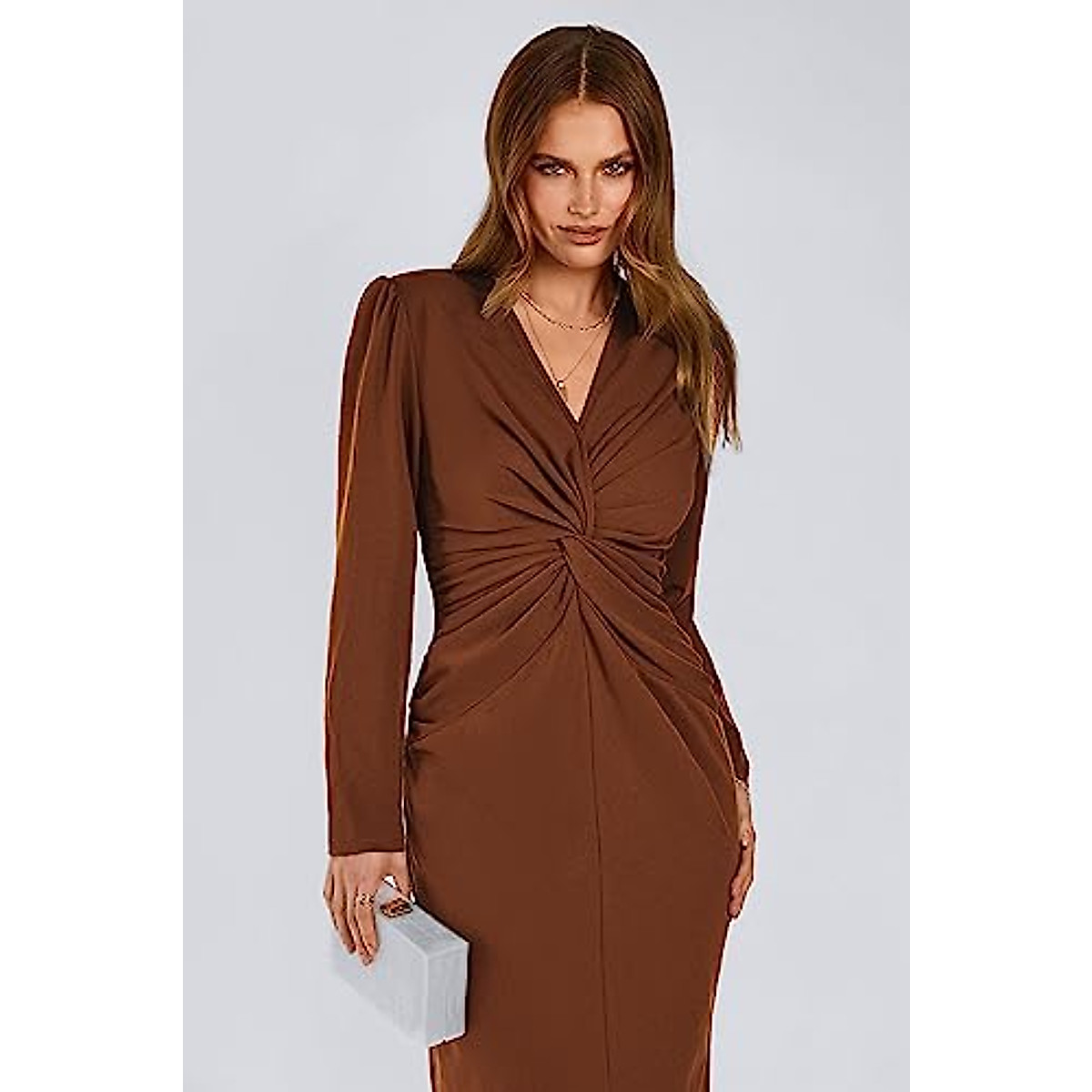 PRETTYGARDEN Women's Spring Fall Fashion Long Puff Sleeve Maxi Dresses V Neck Twist Front Formal Dress with Slit (Coffee,Large)