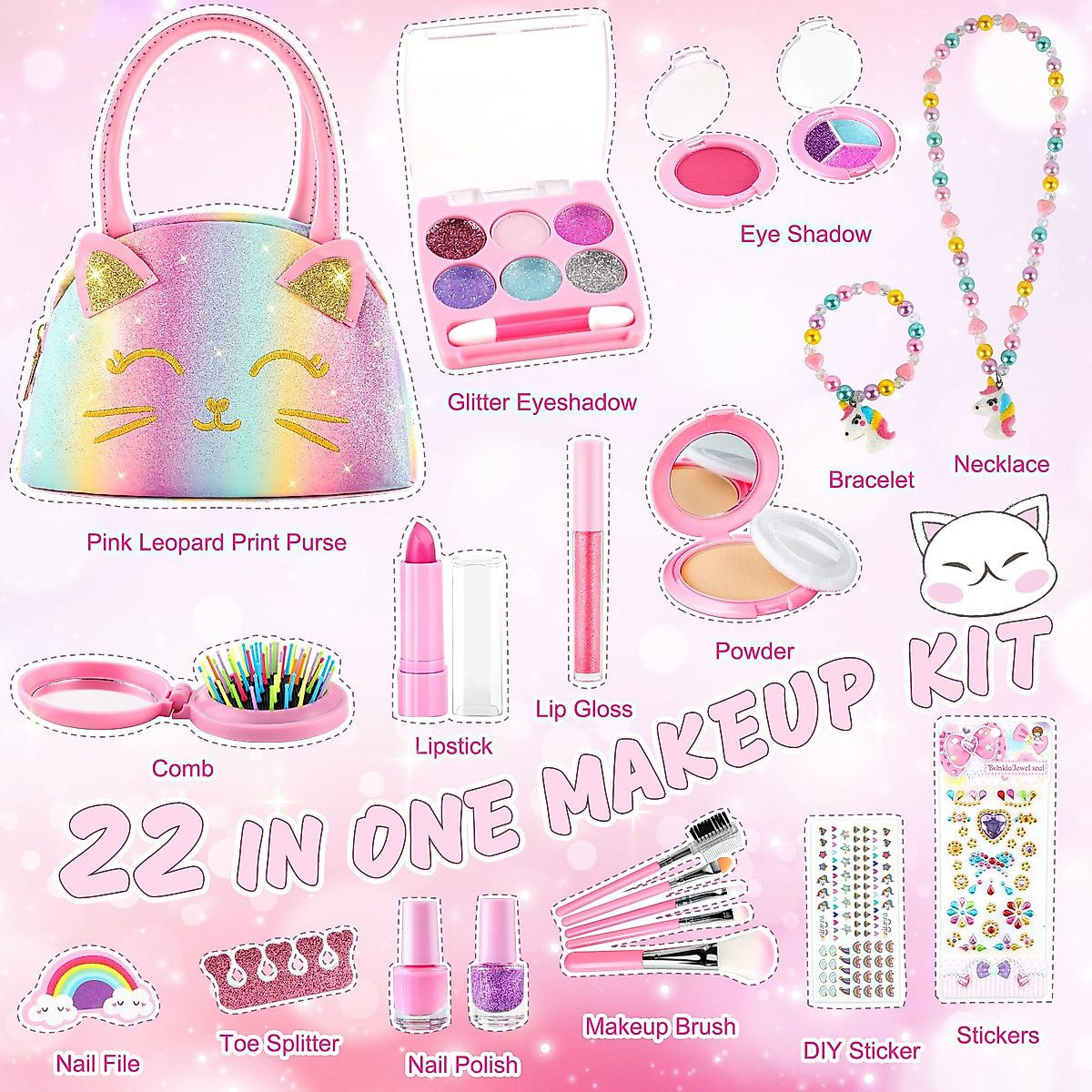 Kids Makeup Kit for Girl, Kids Washable Makeup Girls Toys, Girls Makeup Kit for Kids with Cute Cat Bag, Real Make up Set for Kid Little Girls Toddlers Princess Christmas Birthday Gifts Age 3-6-8-10-12