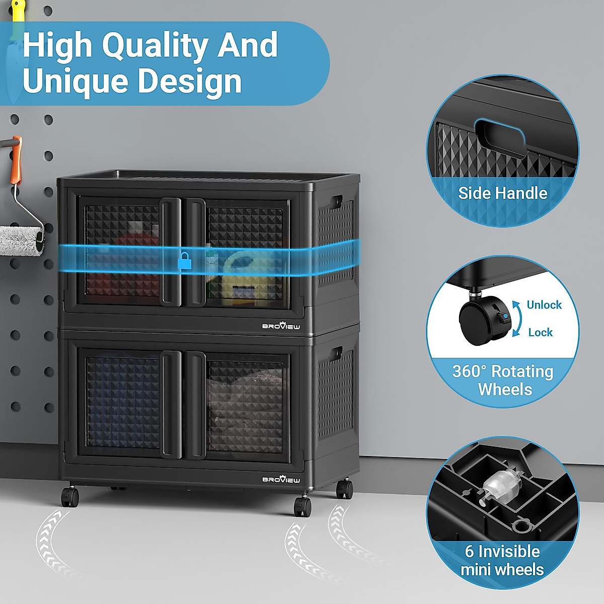 BROVIEW 320Qt Stackable Storage Bins with Lids, 80Gal Plastic Collapsible Storage Bins with Doors and Wheels, Closet Organizers and Storage, Black Folding Storage Cabinet for Home Garage, 4 Pack Cube