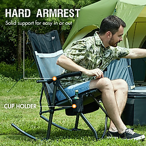 PORTAL Oversized Folding Rocking Camping Chair Portable Outdoor Rocker with High Back Hard Armrests Carry Bag, Supports 300 lbs, Padded Back, Grey