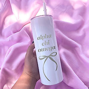 Go Greek Chic Alpha Chi Omega Coquette Bow Tumbler with Straw - White