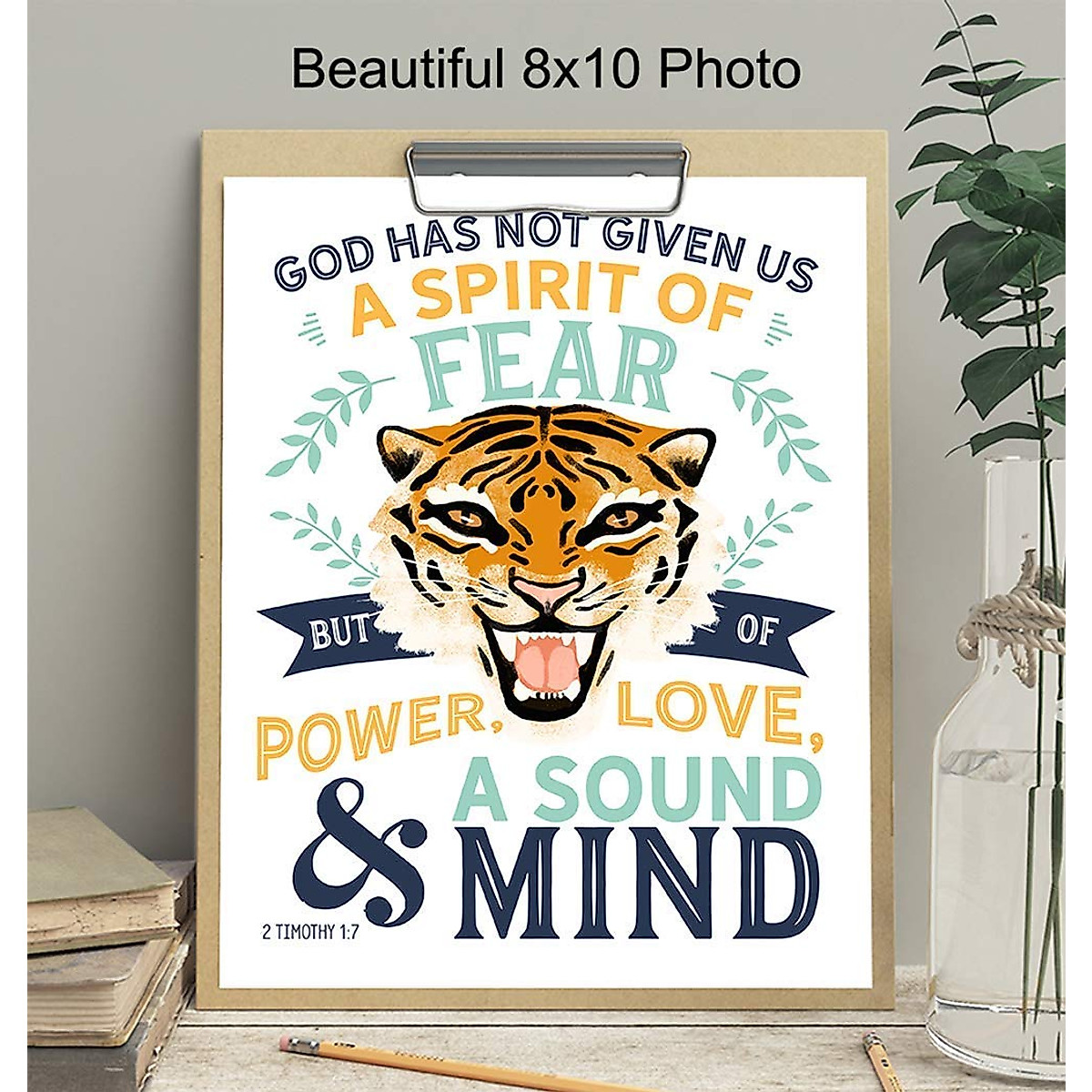 Motivational Inspirational Quote Religious Bible Verse Wall Art - Christian Scripture Tiger Wall Decor for Home, Sunday School, Kids, Boys Bedroom, Living Room, Church - Jungle Animal Catholic Gifts