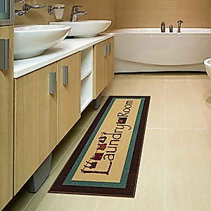Machine Washable Bordered Laundry Room Rug Non-Slip Rubberback 2x5 Laundry Runner Rug for Laundry Room, Bathroom, Washroom, 20" x 59", Beige Laundry