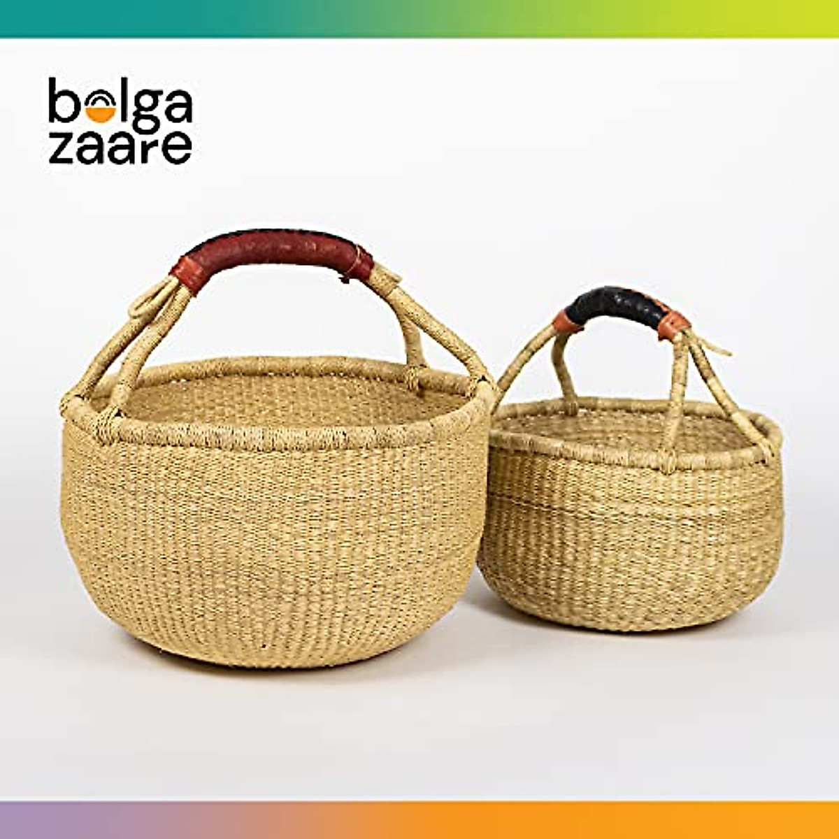 Bolga Zaare Market Basket, Handmade in Ghana by Women Artisans, Natural, LARGE/SMALL COMBO (2 baskets)