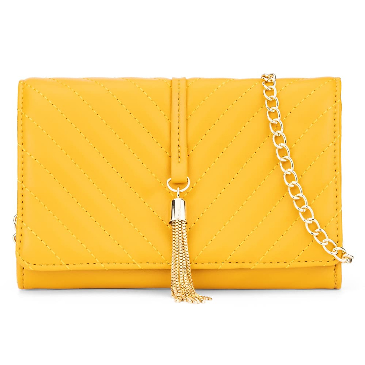 Olivia Miller Women's Fashion Asher Faux PU Leather Quilted Textured w Tassel n Front Flap, Yellow Crossbody Bag Everyday Small Evening Casual Work Purse Handbag