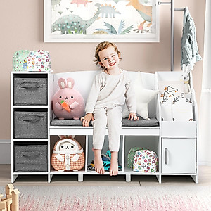 Kids Bookshelf with Reading Nook, Toddler Bookcase with Seat Cushion and Adjustable Shelf, Storage Bench with Book Rack for Bedroom, Playroom, Nursery, White