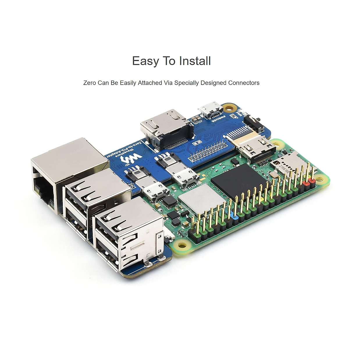 waveshare Pi Zero to Raspberry Pi 3 Model B/B+ Adapter, Onboard 4-CH USB Interface, 100M Ethernet Port and HDMI Port, Alternative for Raspberry Pi 3B/B+, Support Pi Zero and Zero 2W