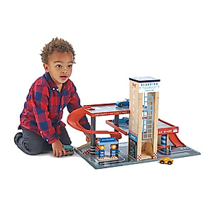 Tender Leaf Toys - Blue Bird Service Station - Classic Wooden Garage and Service Station for Cars and Helicopter with Ramps, Petrol Pumps and Car Wash Center - Imaginary and Roleplay for Children 3+