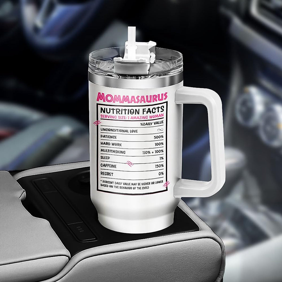 9GIFT4YOU Mommasaurus Gifts, Mom, Tumbler 40 Oz With Handle Lid And Straw, Mom Nutrition Facts Keep Drinks Cold Hot Dinosaur Leak Resistant Water Bottle, Mommasaurus Nutrition Facts