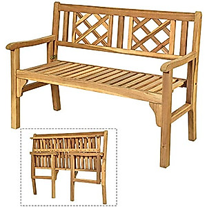 LDAILY Moccha 4 Ft Outdoor Patio Foldable Bench, Two Person Solid Wood, Acacia Wood Bench, Garden Bench with Curved Backrest and Armrest, Outdoor Park Bench Ideal for Balcony, Porch
