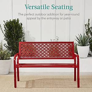 Best Choice Products Outdoor Bench 2-Person Metal Steel Benches Furniture for Garden, Patio, Porch, Entryway w/Geometric Backrest, 790lb Capacity - Rose Red