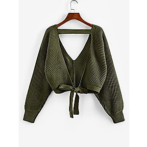 ZAFUL Women's Ripped Solid V Neck Ribbed Knitted Jumper Loose Sweater Long Sleeves Wrap Cropped Pullovers Top