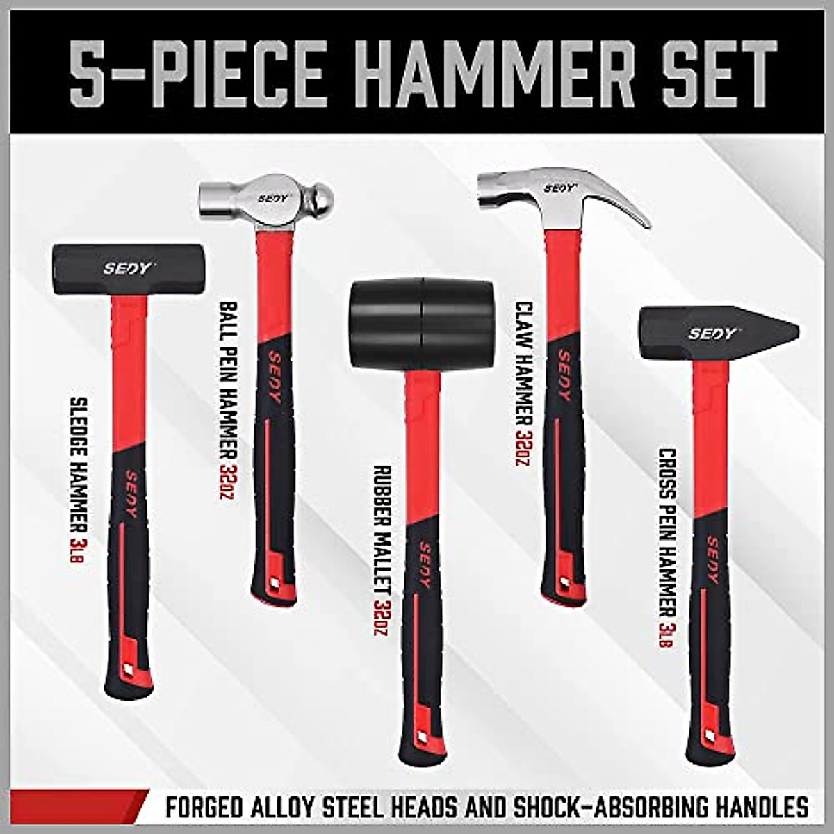 SEDY 5-Piece Hammer Set - 24oz Ball Pein Hammer | 22oz Claw Hammer | 32oz Rubber Mallet | 3lb Sledge Hammer | 3lb Cross Pein Hammer