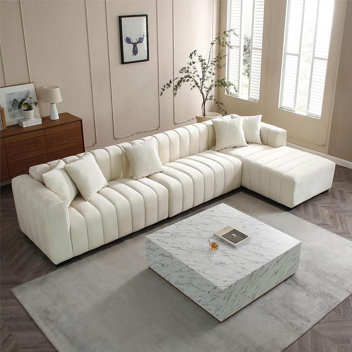 KEVINSPACE 139" Modern Large Velvet Fabric Sectional Sofa, L-Shape Couch 5-Seat Couch with 5 Same Color Pillows, Extra Wide Chaise Lounge for Living Room, Apartment, Office,Beige Right Facing