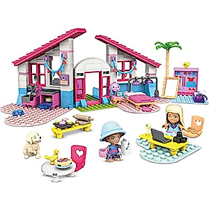 MEGA Barbie Building Toys Playset, Malibu Dream House with 303 Pieces, 2 Micro-Dolls, Accessories and Furniture, 3 Pets