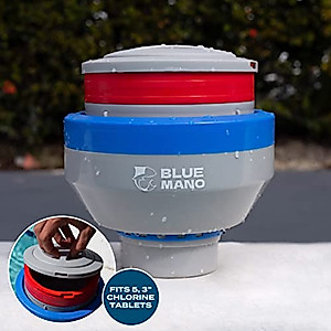 Blue Mano Chlorine Floater (V2.0 Upgraded) for 3 inch Chlorine Tablets with Refill Warning, Durable Design, 7 inch Large Floating Chlorine Dispenser for Inground and Above Ground Swimming Pool