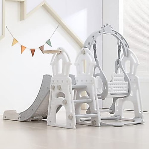 MERIT play Toddler Slide Kids Slide and Swing Set, 4 in 1 Baby Slide Climber Playset with Basketball Hoop and Safety Swing Set, Indoor Outdoor Backyard Baby Playground Toys for Toddlers Age 1-5, Grey