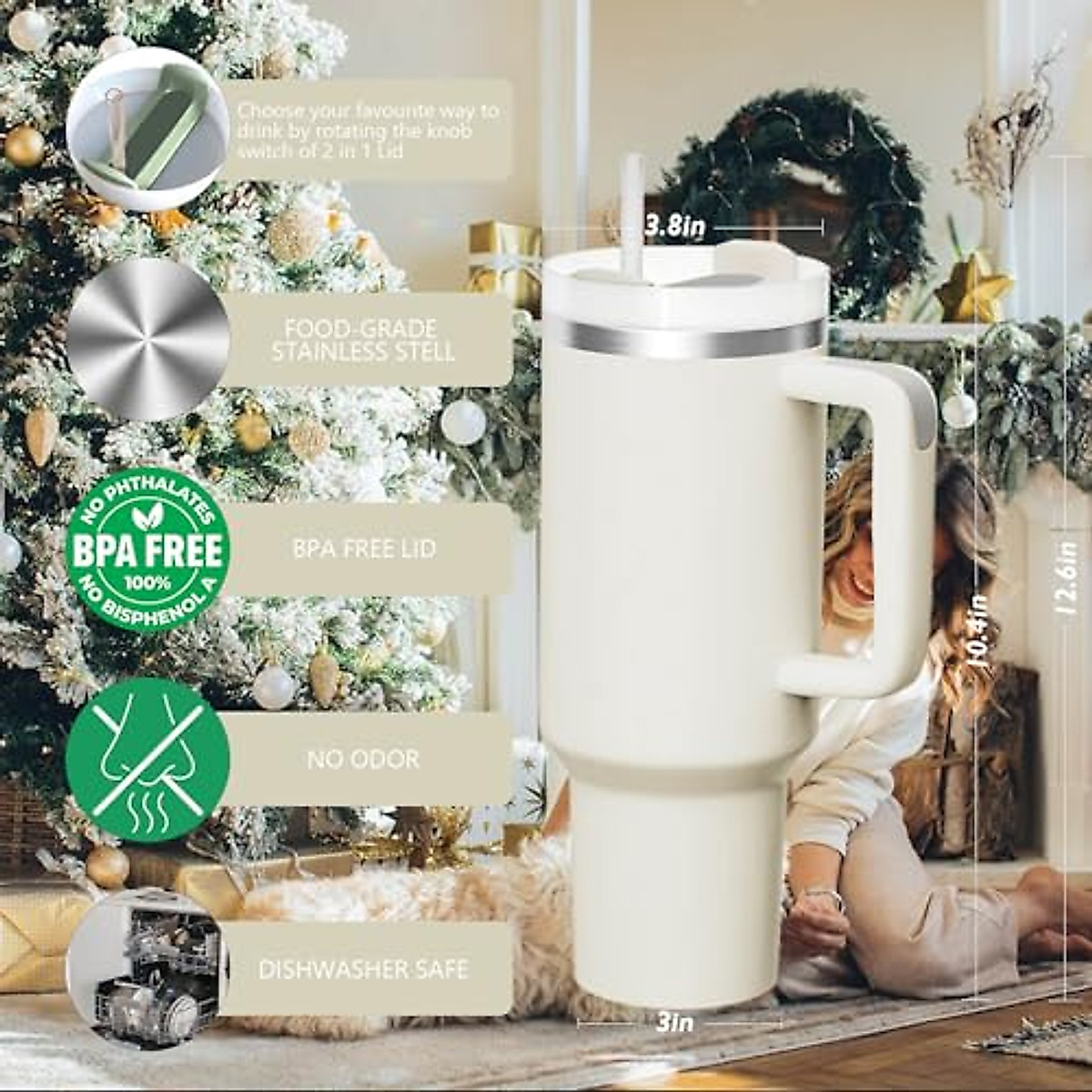 ROSE IN THE BOX Insulated 40 oz Tumbler With Handle and Straw Lid Double Wall Stainless Steel Water Bottle Cup Reusable Travel Mug BPA Free Durable for Iced Tea Coffee Gift (Dune)