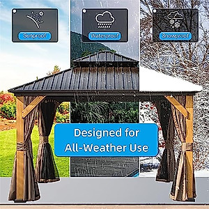 Evedy Hardtop Gazebo12x12ft,Outdoor Permanent Metal Pavilion with Galvanized Steel Double Roof,Outdoor Cedar Wood Frame Canopy with Curtains and Netting for Patio,Backyard and Lawn(Brown)