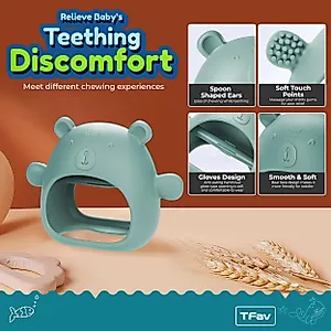 TFav Baby Bear Hand Teether -1 pc Blue -Silicone Teething mitt for 0-6 Months Boys & Girls -Hand Pacifier That Fits on Fist -Wearable Gloves Chew Toy -Calm Down The Fussy Baby Calm Down Fussy Baby