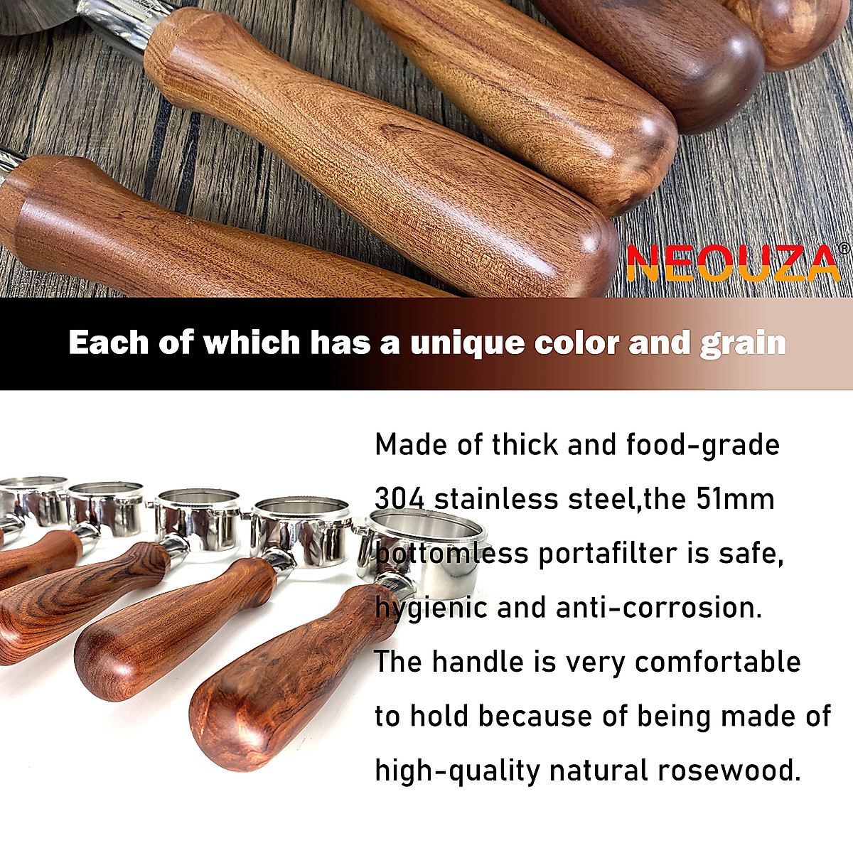 NEOUZA Coffee 51mm Bottomless Portafilter Compatible with DeLonghi Dedica EC680/EC685/EC785/EC820/EC850/EC860 SMEG Coffee Machine, Stainless Steel,Rosewood.Free with Basket, Spoon, tamper mat