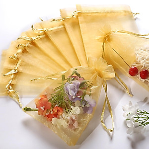 Hopttreely 100pcs Gold Organza Gift Bags, 4 x 6 inch Satin Drawstring Candy Mesh Favor Bags Jewelry Pouches for Christmas Wedding Party