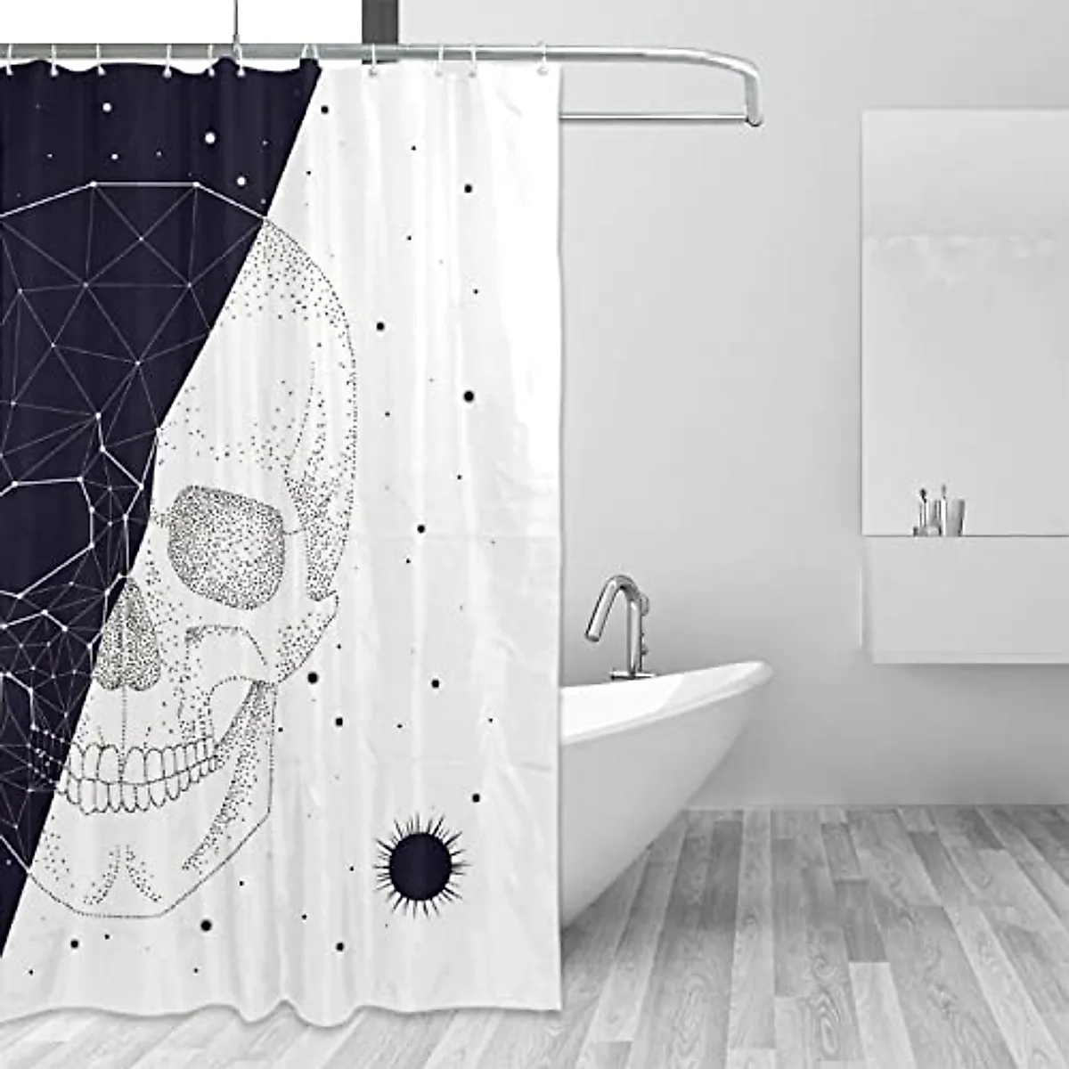 Sugar Skull Shower Curtain, Graveyard Mexico Design on Black White Backdrop Print, Cloth Fabric Bathroom Decor Set with Hooks 66x72Inch(168x183cm)