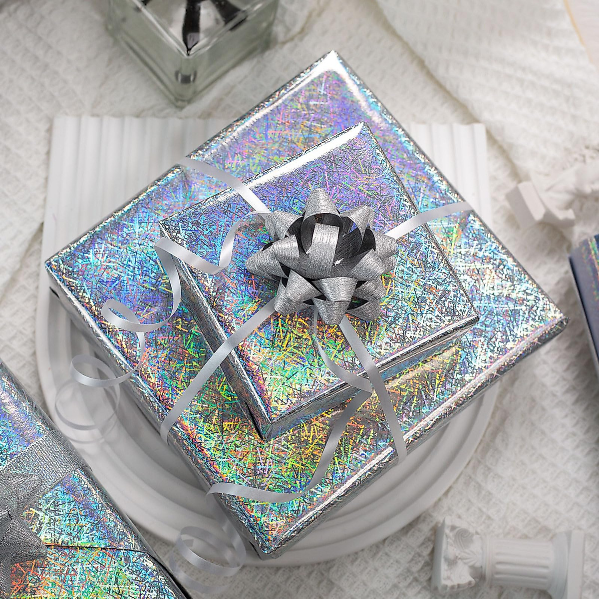 Homeral Mini Holographic Wrapping Paper Roll-46.8sqft(17inch*32.8ft) Silver Shine Stripe Line for Christmas, Birthday, Wedding, Baby Shower, Bridal Shower, Graduate Party, Valentine's Day