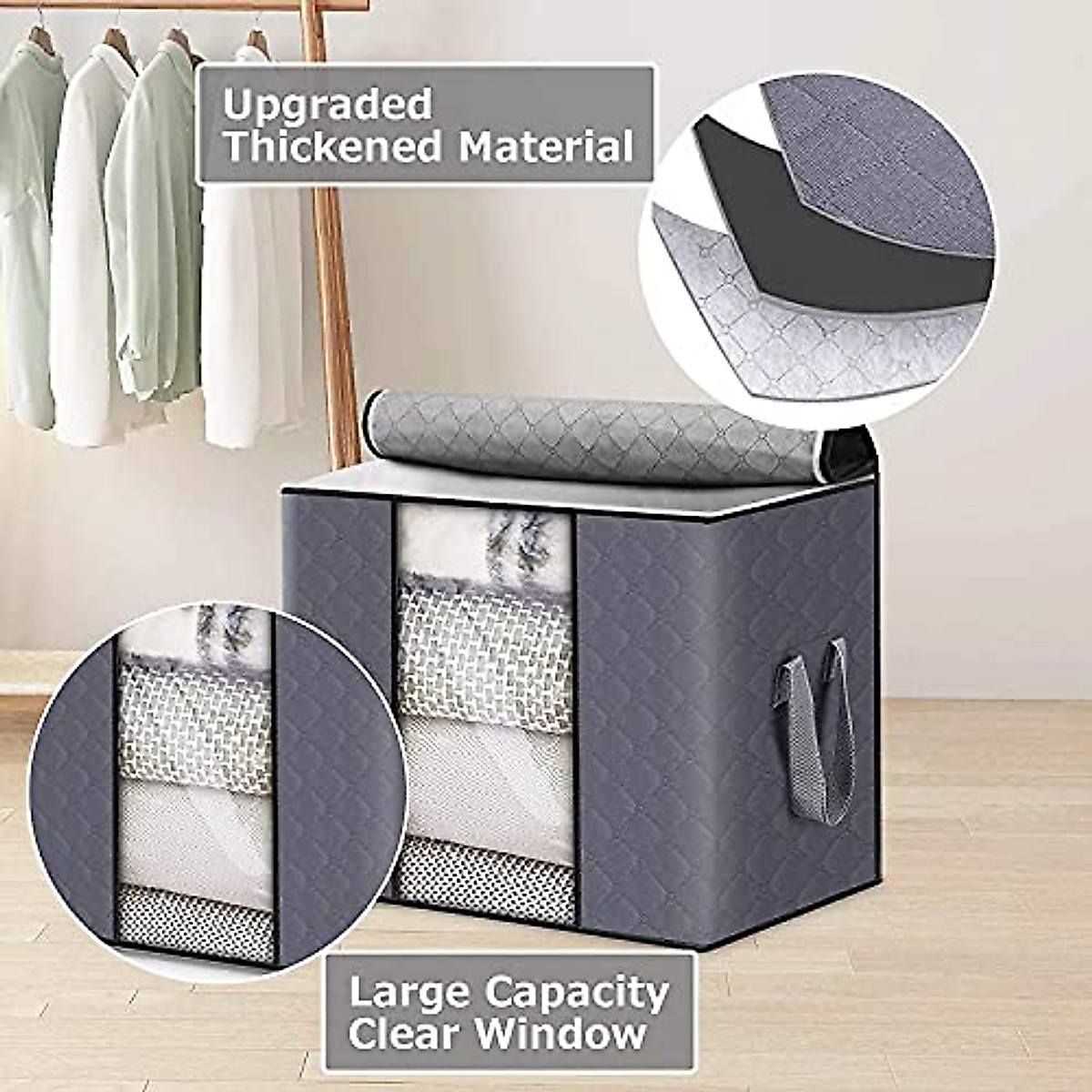 Clothing Storage Bag,1 Pack Large Capacity Clothes Storage Bag Organizer with Reinforced Handle Thick Fabric for Comforters,Blankets,Bedding,Foldable with Sturdy Zipper,Clear Window, 90L,Grey (1 Pack-19.7 x 19.7 x 14.2 inches)