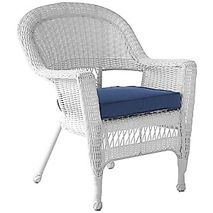 Jeco 3 Piece Wicker End Table Set with with Blue Chair Cushion, White