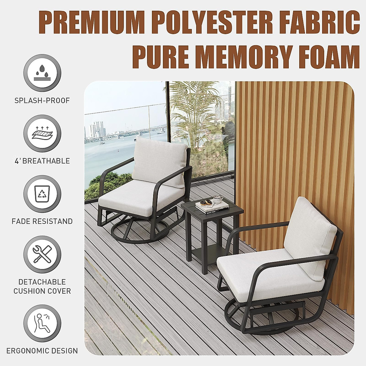 Patio Chairs Swivel Rocker Sets: 3Sets Aluminum Alloy Ensemble with 360° Swivel Rocking Chairs, Rust-Resistant Frame Cushions -Perfect for Backyard, Deck, Porch, and Balcony Decoration(2seat+1table)