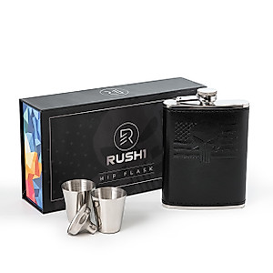 Rush1 8oz Leather Flask for Men – Custom American Flag Skull Design – Wrap Stainless Steel Set with Funnel and 2 Shot Glasses – Ideal for Whiskey or any Liquor.