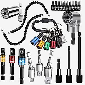 31Pcs Flexible Drill Bit Extension Set,105°Right Angle Drill Attachmen,Rotatable Joint Socket 1/4 3/8 1/2 Inch Hex Socket Adapter,Socket Bendable Drill Bit Extension,6pcs Screwdriver Bits Holder