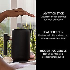 Fellow Clara Coffee Press Coffee Maker - Portable French Press Stainless Steel - Insulated French Press Coffee Maker with Enhanced Filtration System - 24 oz Carafe - Matte Black