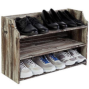 MyGift 3 Tier Rustic Torched Wood Wall Mounted/Freestanding Entryway Shoe Rack Storage Shelves, Closet Organizer Shelf
