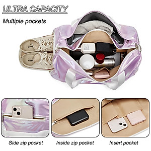 ZHIERNA Sports Gym Dance Bag for Women Girls, Shimmery Waterproof Duffle Travel Bag With Shoes Compartment and Wet Dry Pocket (Purple)