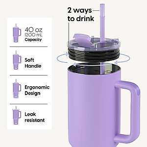 O'JAY Insulated 40oz Tumbler with Handle and Straw Lid - 100% Leak-Proof - Cupholder Friendly Travel Mug - Stainless Steel Insulated Tumbler with Lid and Straw - (Pure Lavender)