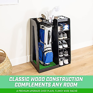 GoSports Premium Wooden Golf Bag Organizer and Storage Rack – Black, Brown, and White