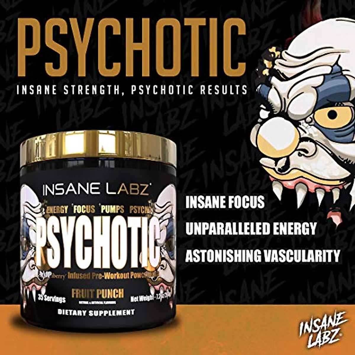 Insane Labz Psychotic Gold, High Stimulant Pre Workout Powder, Extreme Lasting Energy, Focus, Pumps and Endurance with Beta Alanine, DMAE Bitartrate, Citrulline, NO Booster, 35 Srvgs