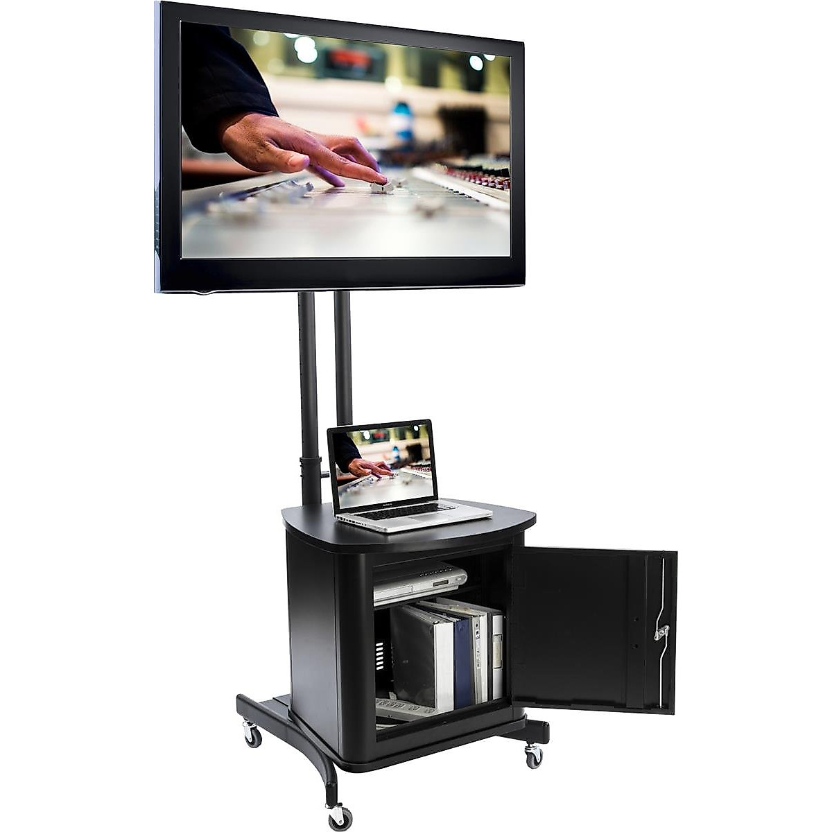 Displays2go TV Stand w/Locking Cabinet Fits Monitors 32”-65”, Collapsible w/Carry Case – Black (MBTVKDBKCRT)