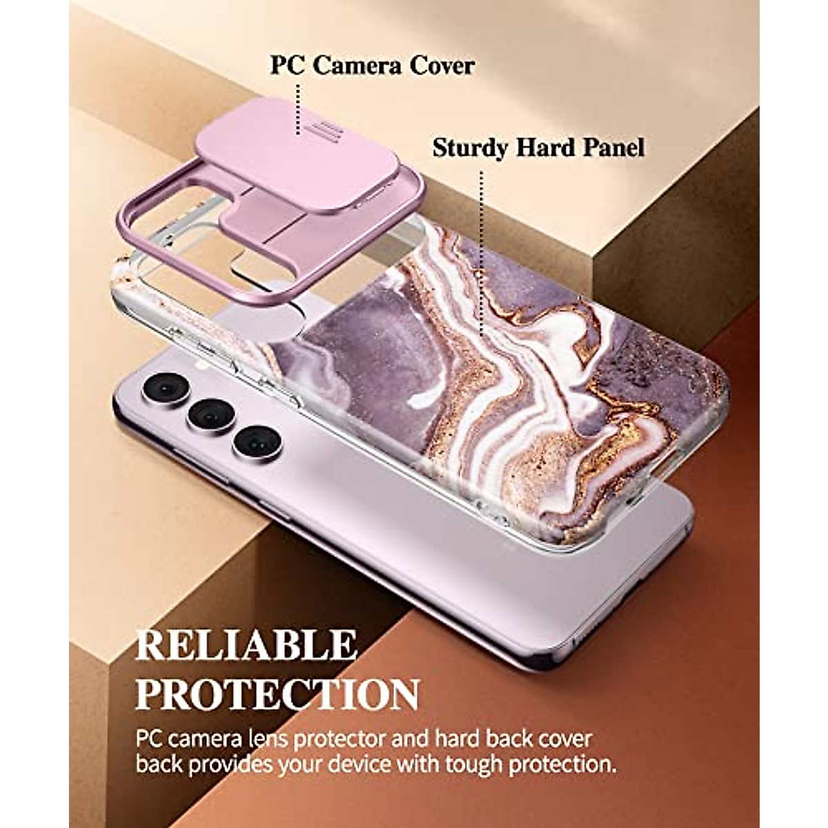 GVIEWIN Case Compatible with Samsung Galaxy S23 Plus with Slide Camera Cover + Screen Protector, [10FT Military Shockproof] Marble Slim Protective Phone Case, 5G 6.6-Inch 2023 (Burgundy/Gold)