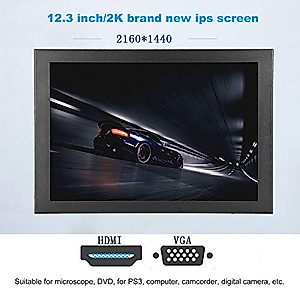12.3 inch Portable Monitor, 16:9 Computer Display 2160x1440 Full HD IPS Screen, HDMI/VGA Gaming Monitor for Computers, Microscopes, DVDs, Camcorders(2K)