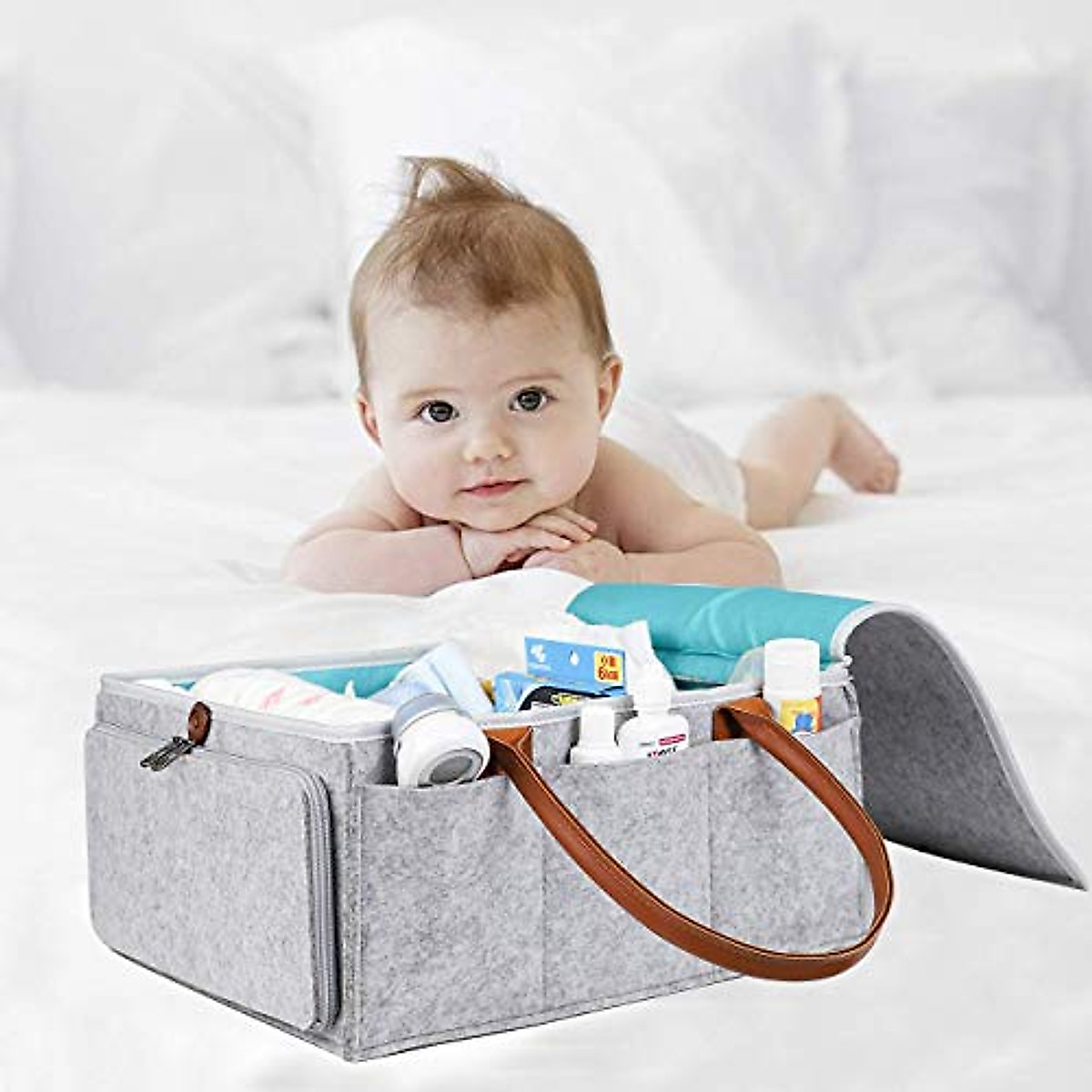 REHOC Diaper Organizer Baby Nursery Storage Basket with Zipper Lid and Leather Handle Baby Changing Bag