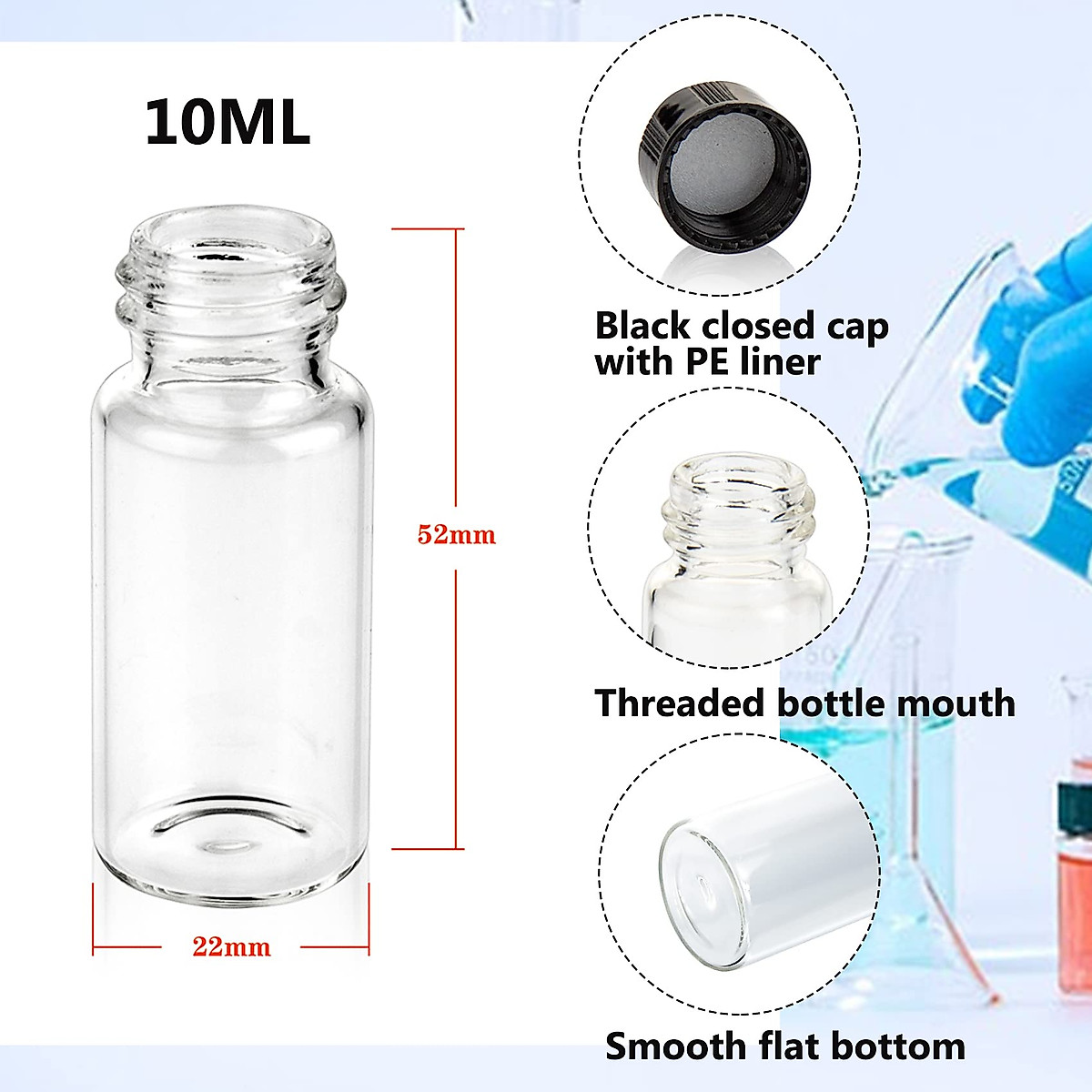 PEKYBIO Clear Glass Sample Vial, Liquid Sampling Sample Glass Bottle, 10ml(0.3OZ) Capacity, Sample Vial 22mm.I.D.* 52mm, 18-400 Thread Black Closed Top Screw Cap,PE Liner, Pack of 100