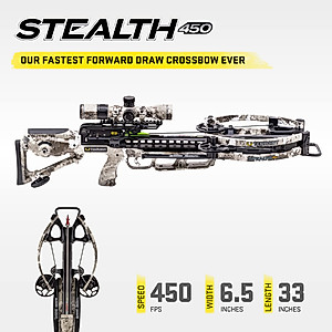 TenPoint Stealth 450 Crossbow, Veil Alpine - 450 FPS - Our Fastest Forward Draw Crossbow - Includes 100-yard EVO-X Marksman Elite Scope, ACUslide & 3 Pro Elite 400 Carbon Arrows